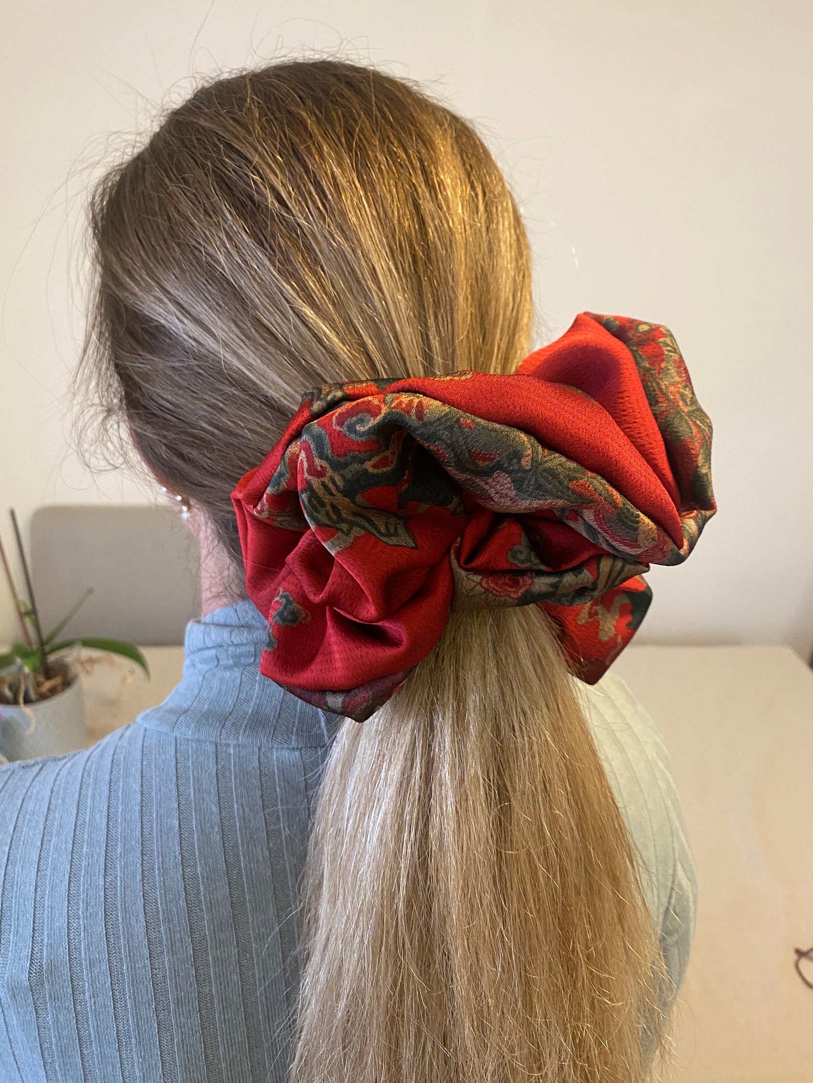 Silk Crepe Giant Scrunchie in a Dark Red Floral Colour - Great for ...
