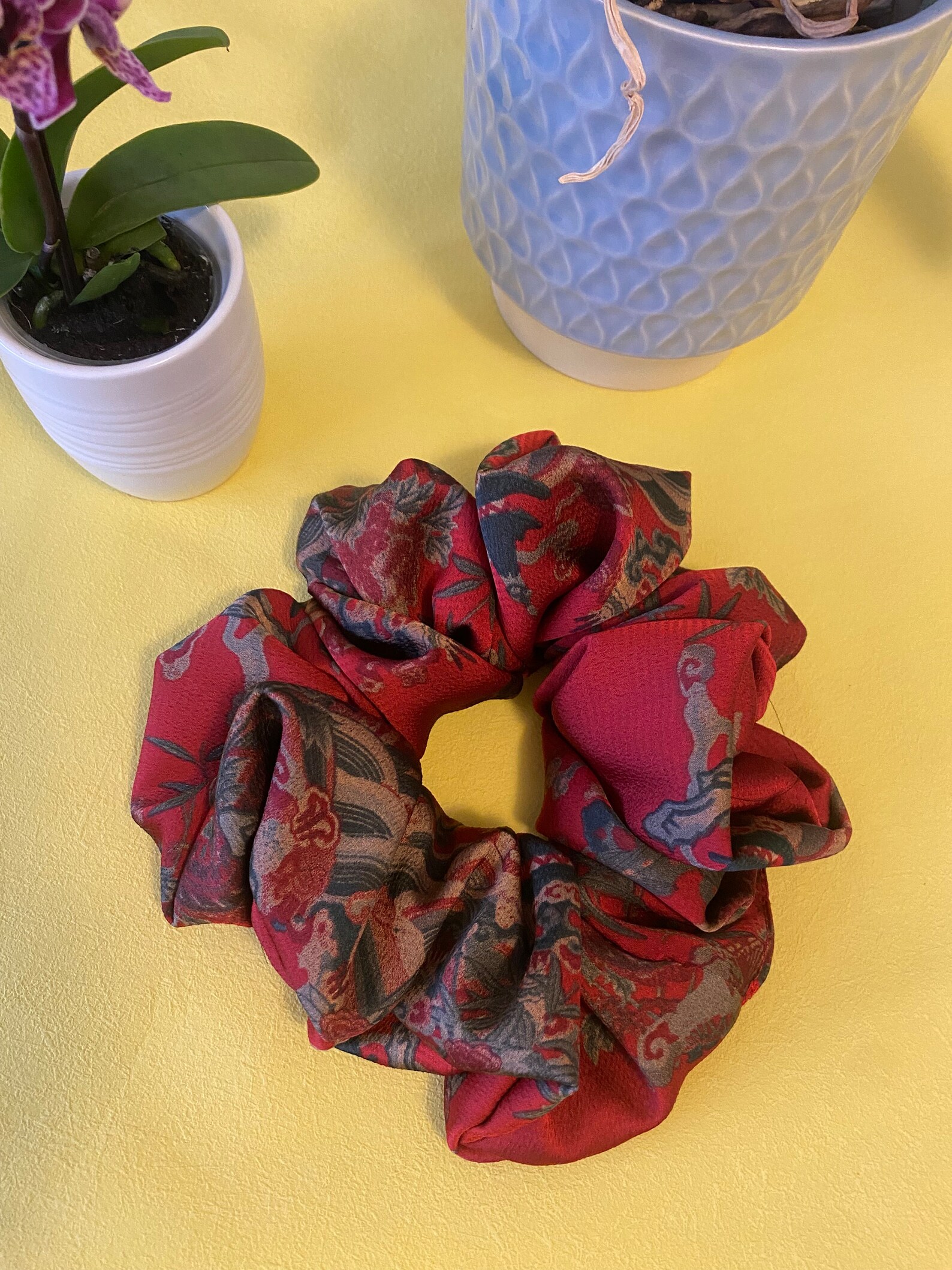 Silk Crepe Giant Scrunchie in a Dark Red Floral Colour - Great for ...