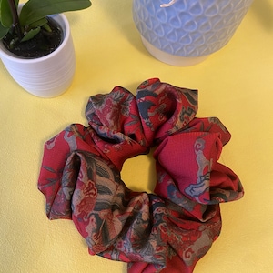 Silk Crepe Giant Scrunchie in a Dark Red Floral Colour - Great for ...