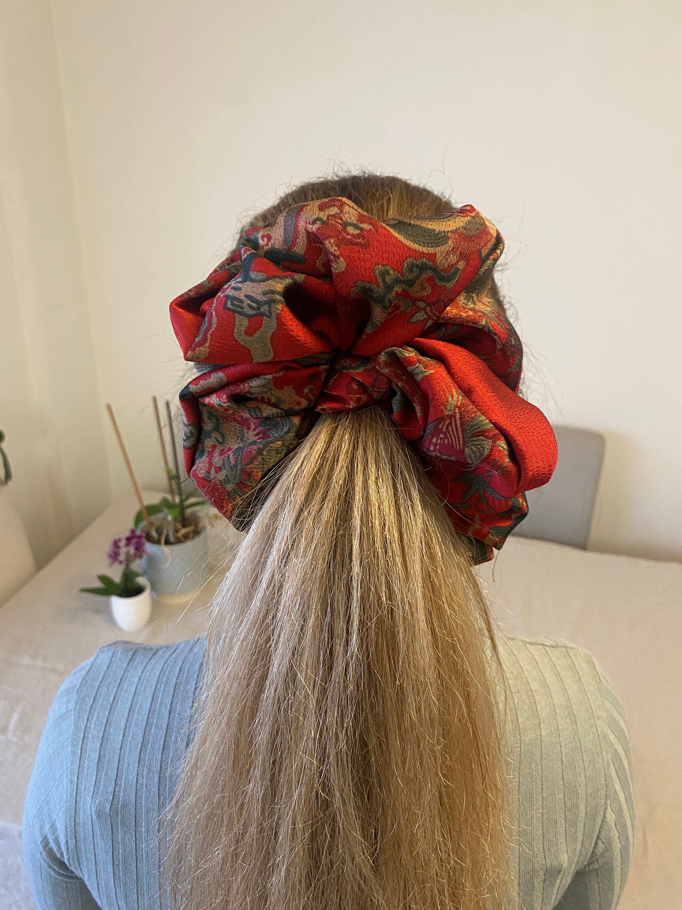 Silk Crepe Giant Scrunchie in a Dark Red Floral Colour - Great for ...