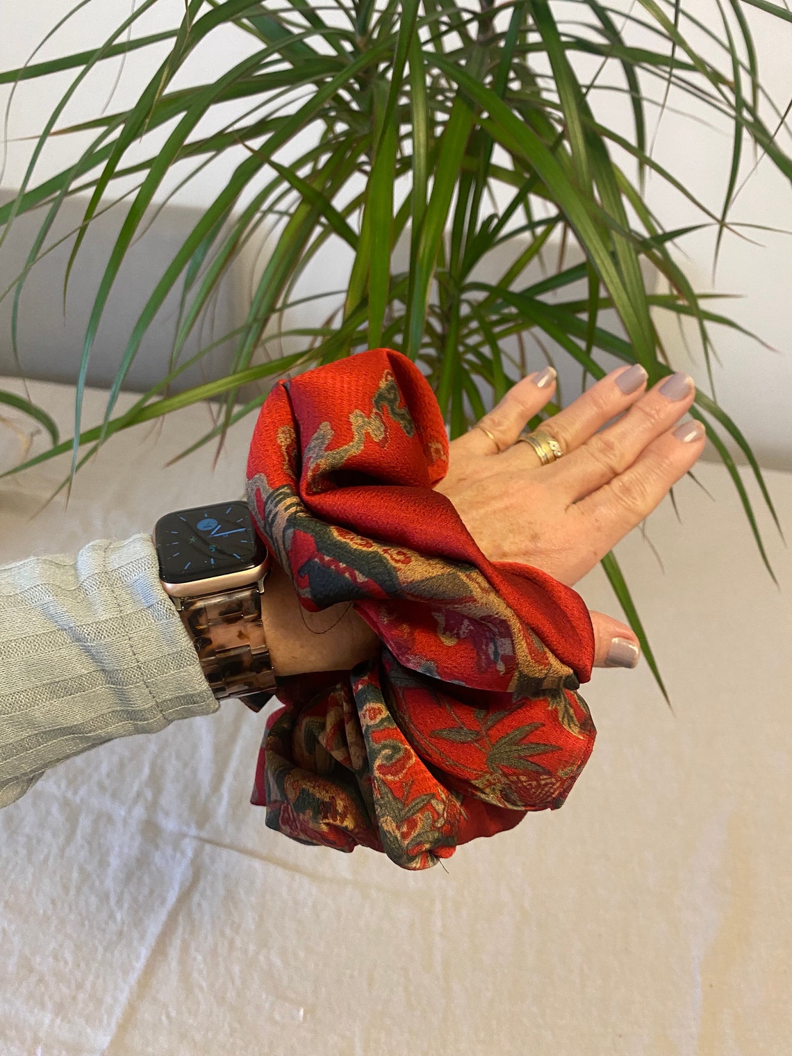 Silk Crepe Giant Scrunchie in a Dark Red Floral Colour - Great for ...
