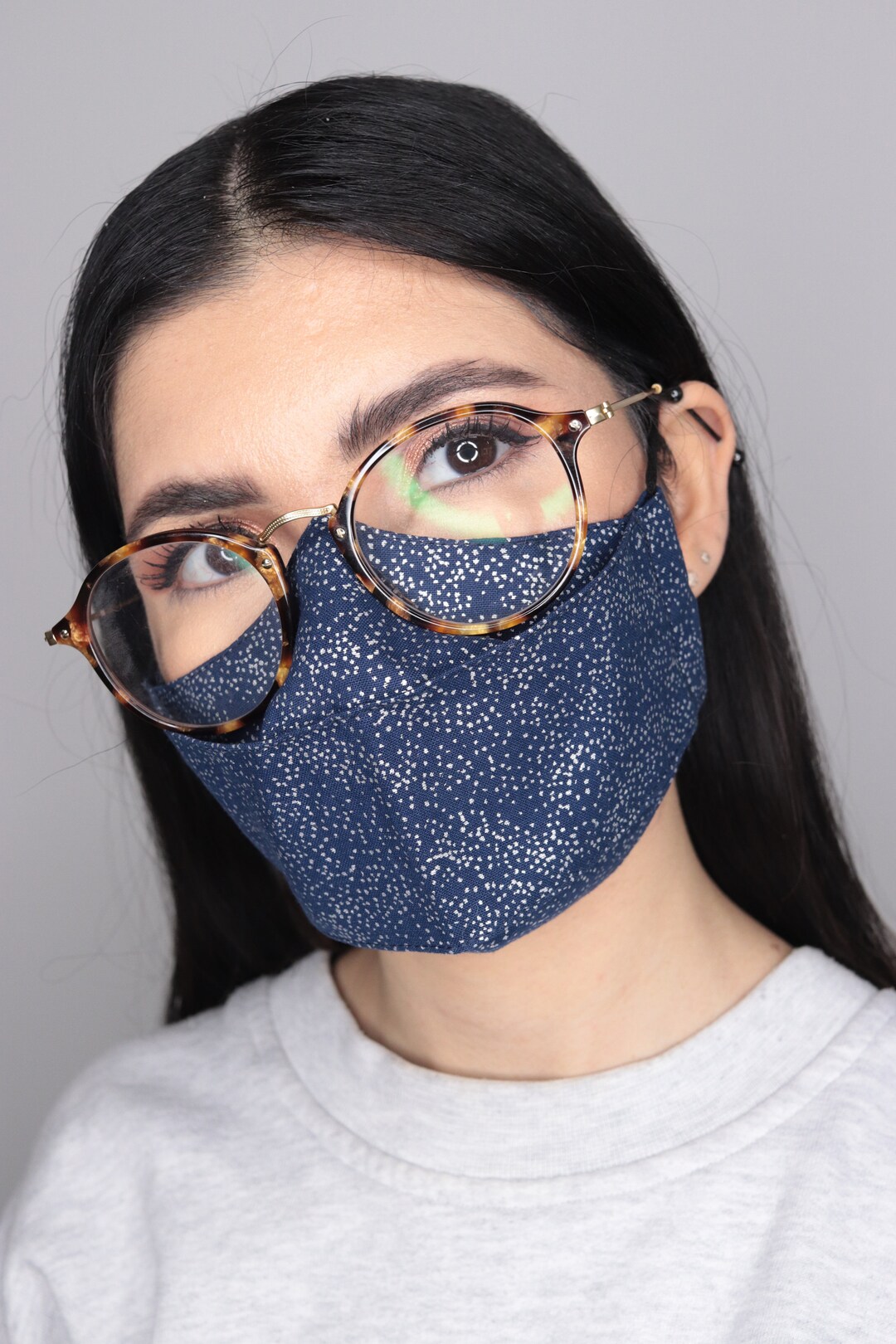 Navy Reusable Face Mask With Silver Speckle Print 3D Design Breathable ...