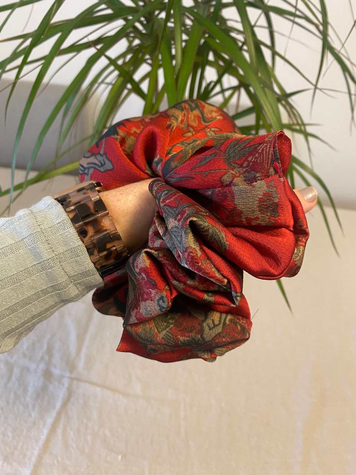 Silk Crepe Giant Scrunchie in a Dark Red Floral Colour - Great for ...