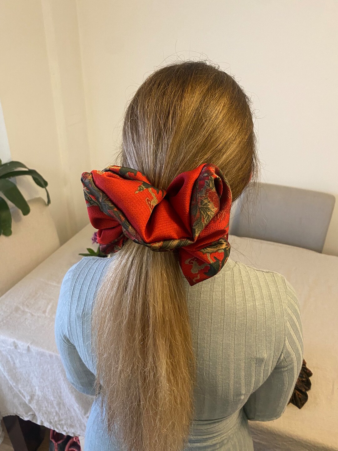Silk Crepe Giant Scrunchie in a Dark Red Floral Colour - Great for ...