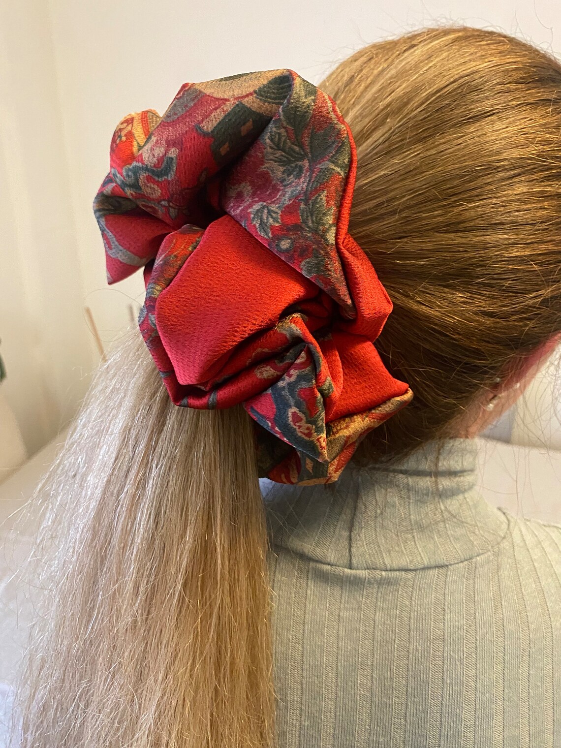 Silk Crepe Giant Scrunchie in a Dark Red Floral Colour - Great for ...