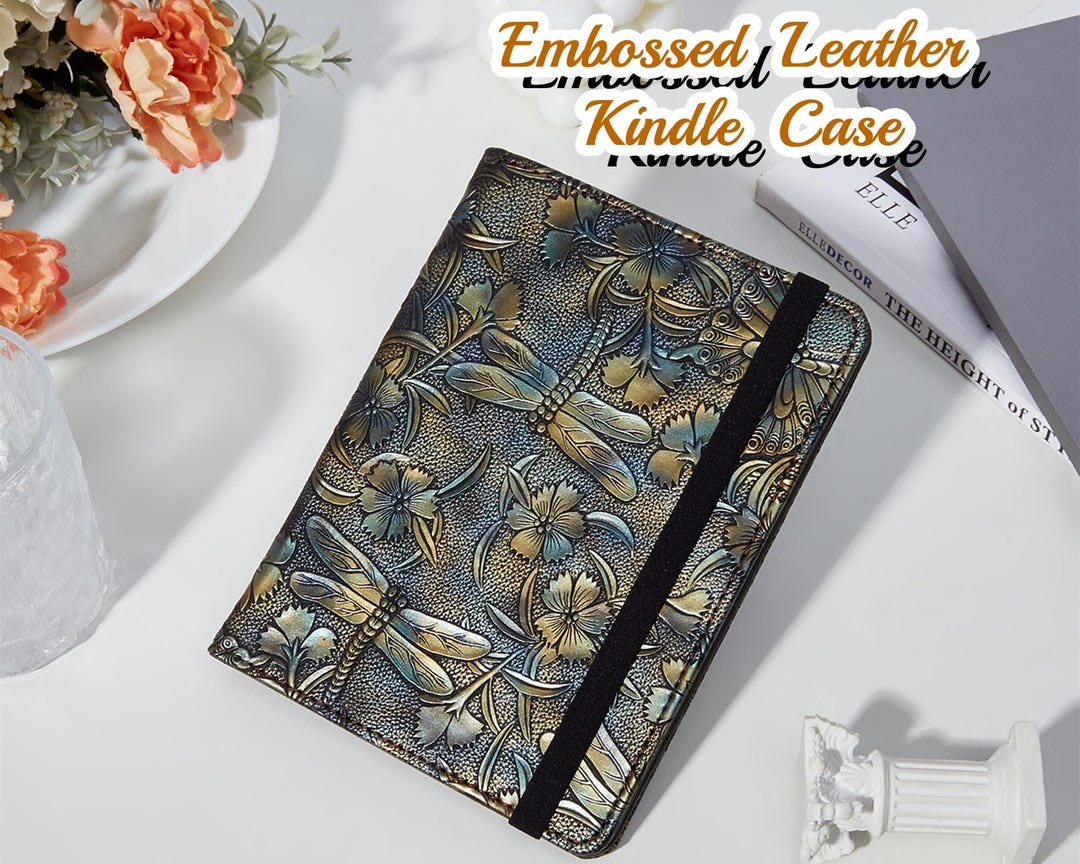 Retro Dragonfly and Flower Embossed Leather Kindle Case,kindle 12th Gen ...
