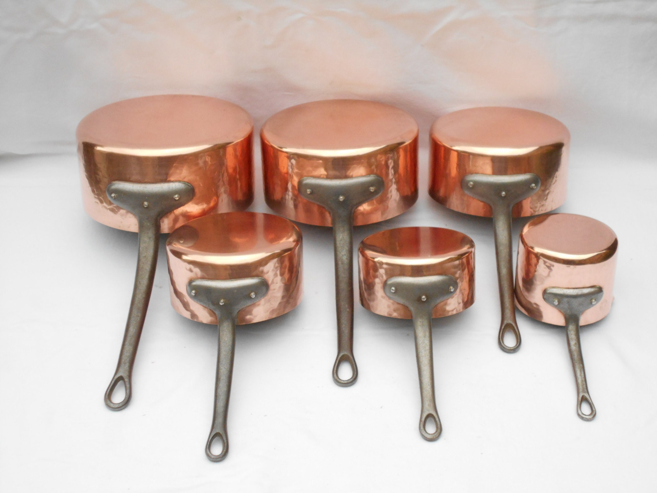 Series of 6 Vintage French Tin Lined Copper Pans, 1MM Thick, Stamped ...