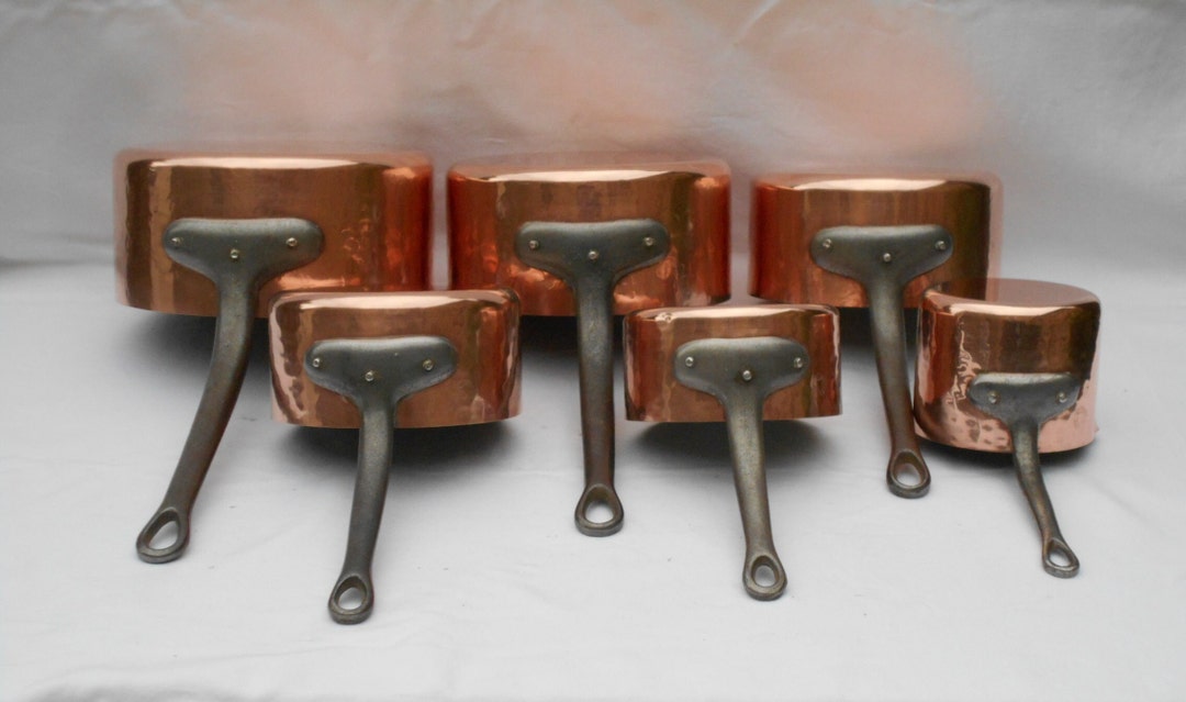 Series of 6 Vintage French Tin Lined Copper Pans, 1MM Thick, Stamped ...