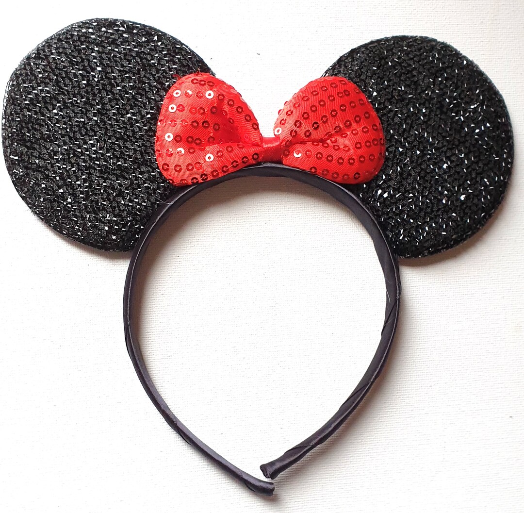 Sparkly Black Mouse Ears Headband With Red Sequin Bow, Costume ...