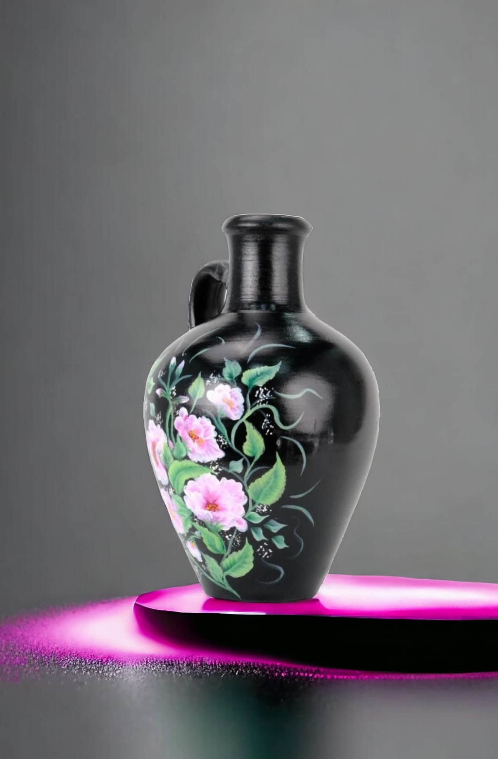 Elegant Floral Clay Vase Hand Painted Black and Pink Flowers, Home ...