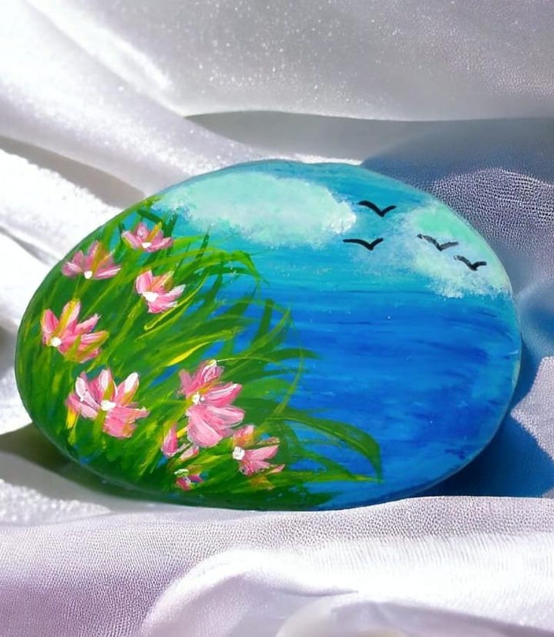 Hand-painted Serene Seascape Stone Art, Acrylic Painted Beach Rock With ...