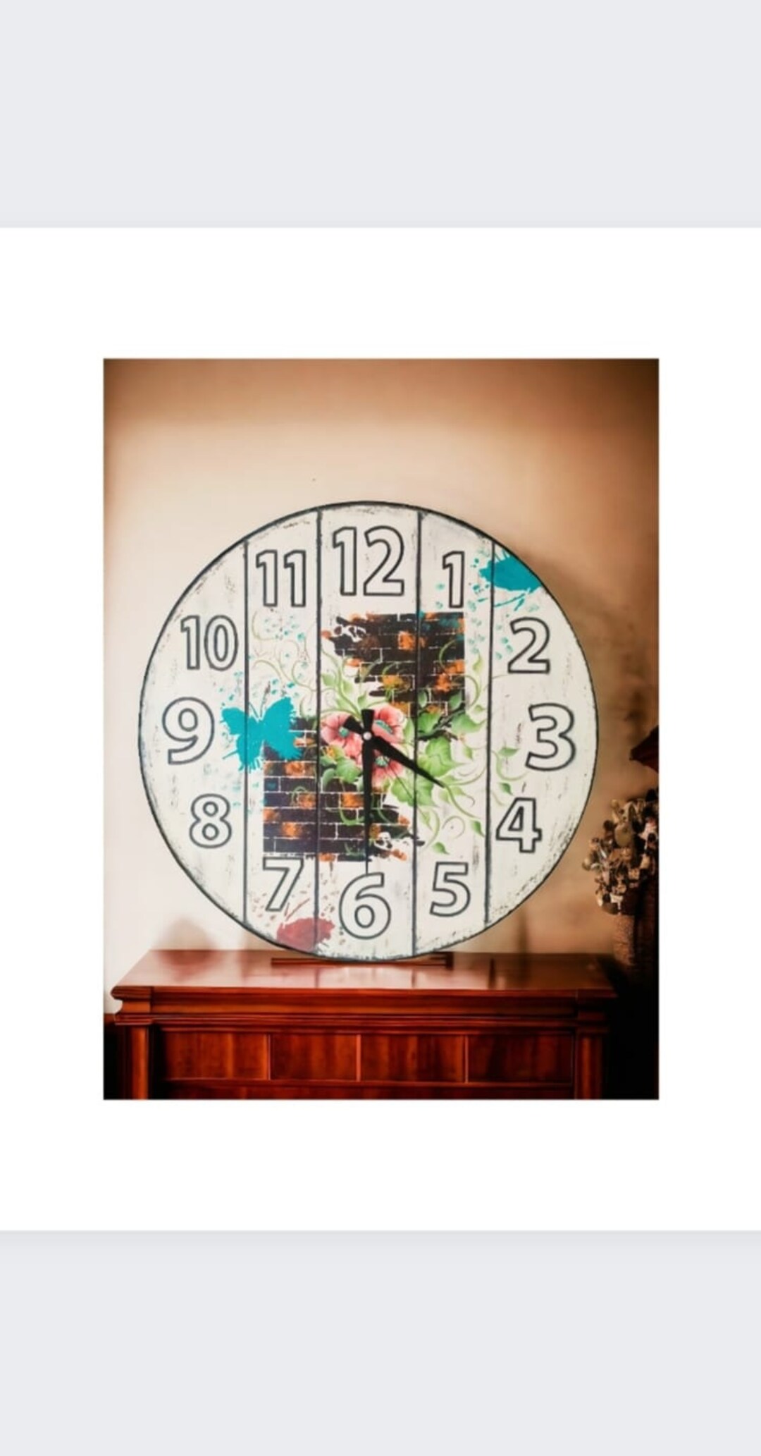 Wooden Wall Clock With Flowers Handmade Rustic Home Decoration Large ...