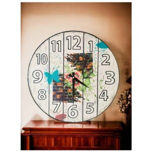 Wooden Wall Clock With Flowers Handmade Rustic Home Decoration Large ...
