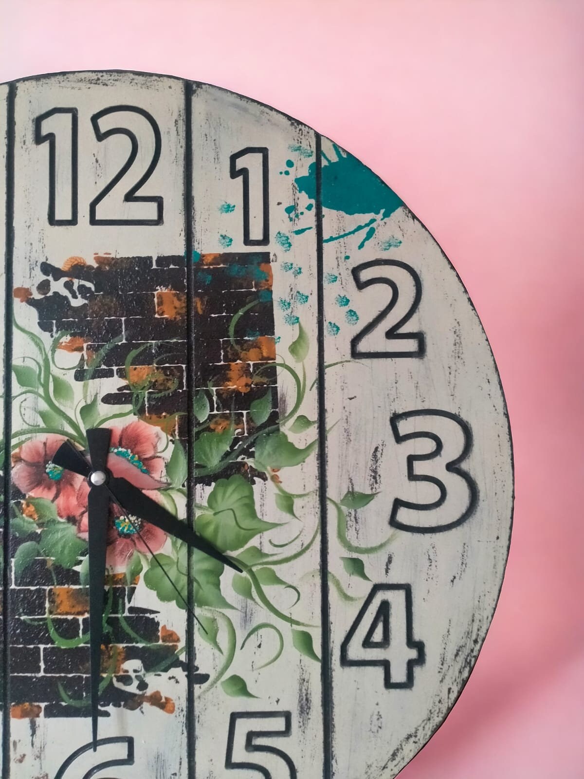 Wooden Wall Clock With Flowers Handmade Rustic Home Decoration Large ...