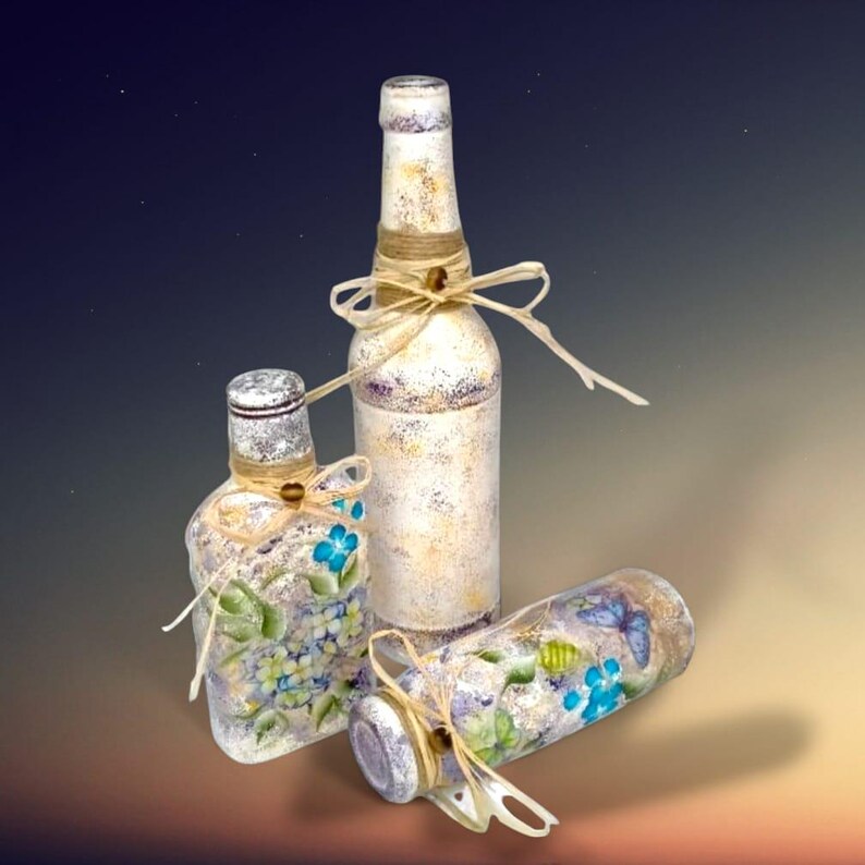 Hand-painted Hydrangea Decorative Glass Bottle Set, Vintage Floral Art ...
