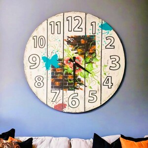 Wooden Wall Clock With Flowers Handmade Rustic Home Decoration Large ...