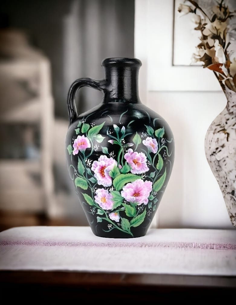 Elegant Floral Clay Vase Hand Painted Black and Pink Flowers, Home ...