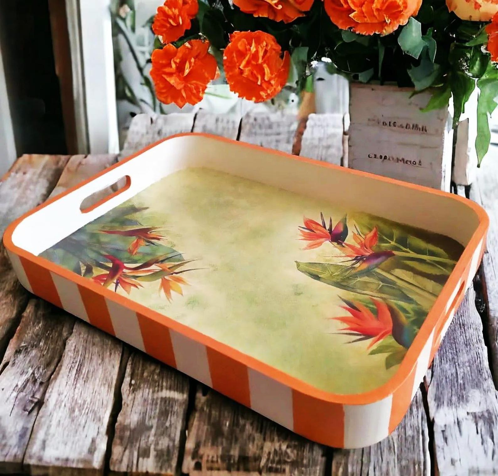 Handmade Decorative Wooden Tray With Handle, Handpainted Wooden Tray ...
