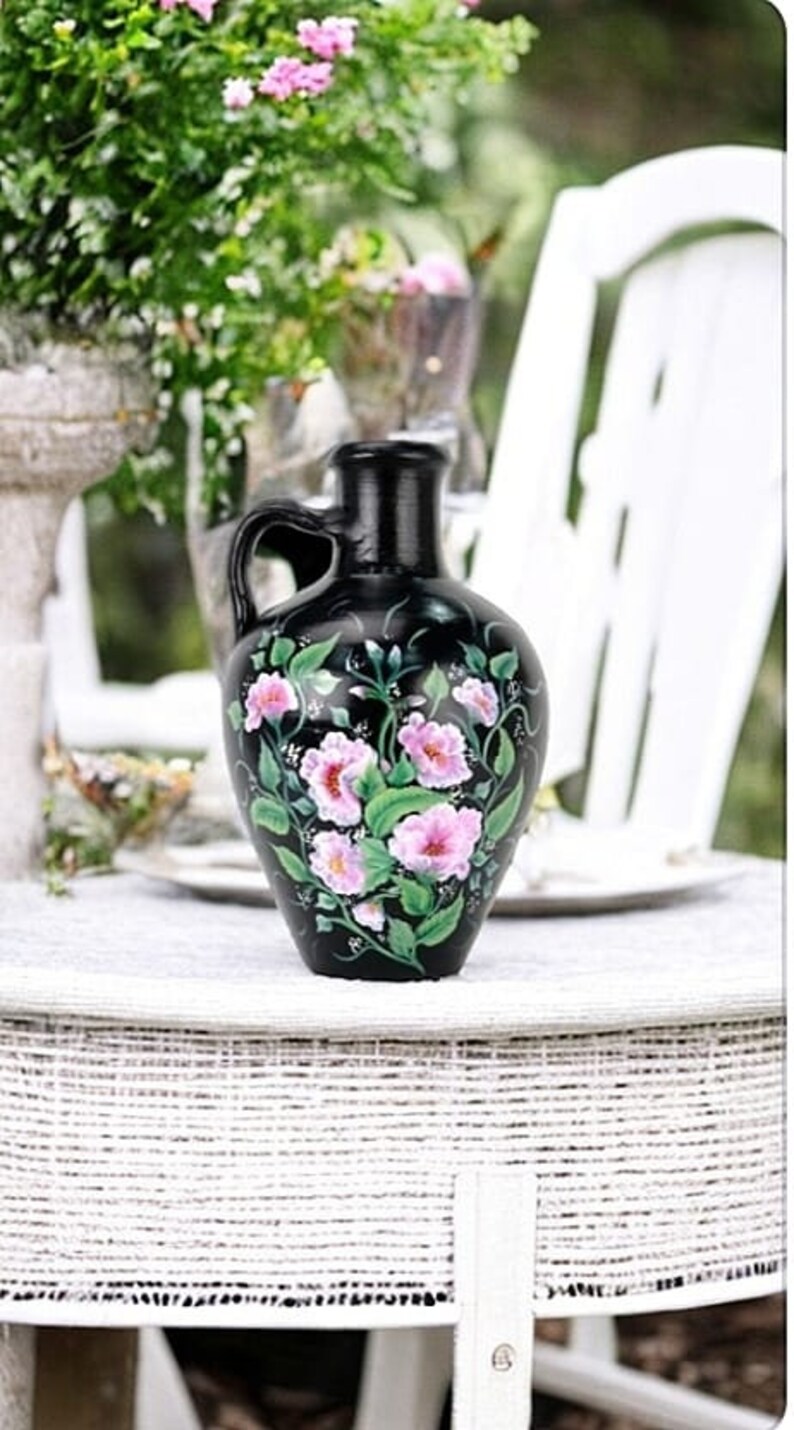 Elegant Floral Clay Vase Hand Painted Black and Pink Flowers, Home ...
