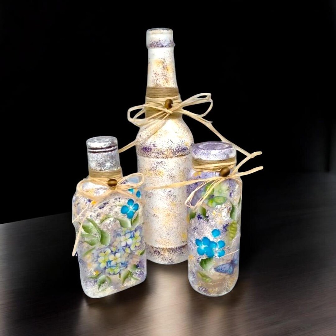 Hand-painted Hydrangea Decorative Glass Bottle Set, Vintage Floral Art ...