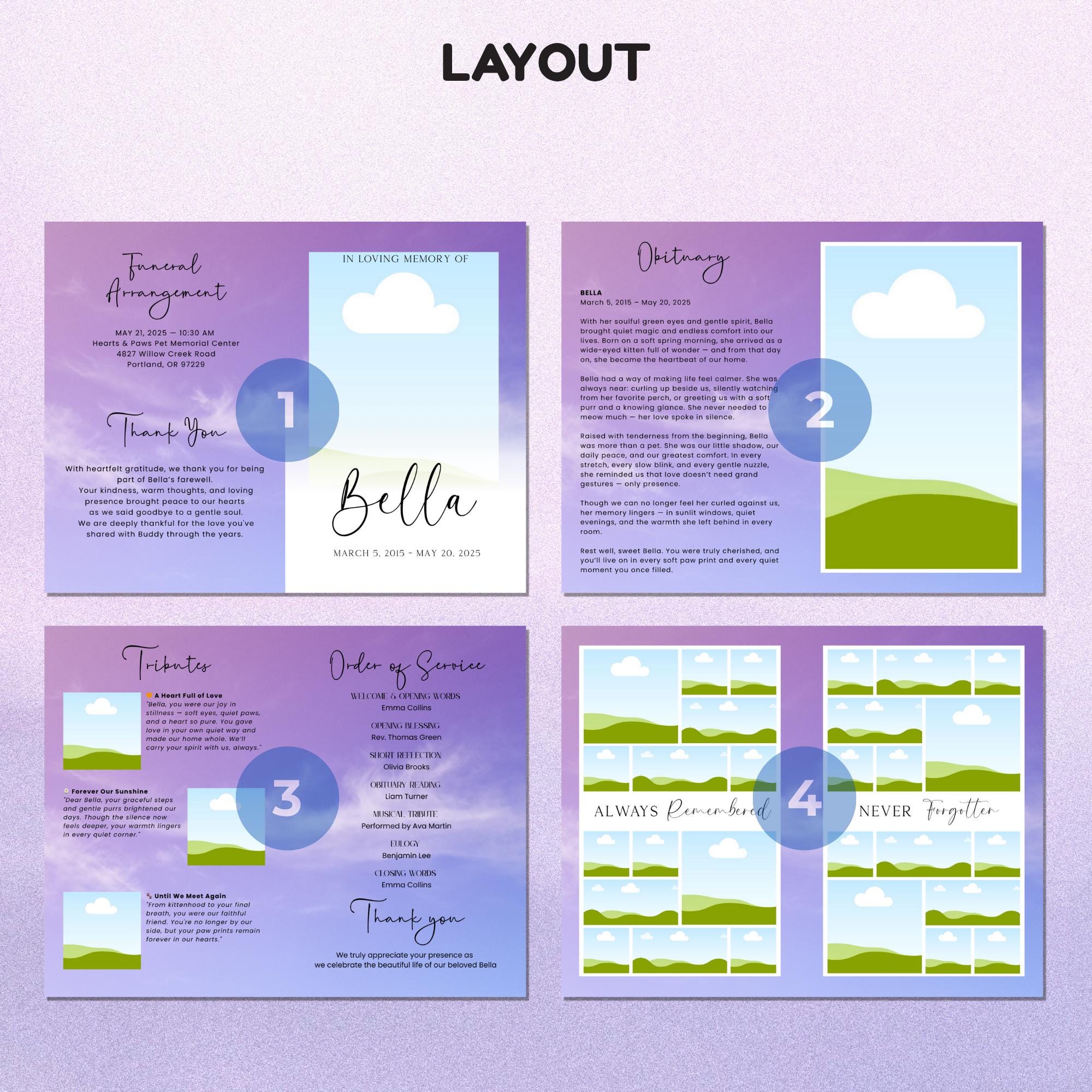 Pet Memorial Funeral Program - Canva Template for Cat or Dog Obituary ...