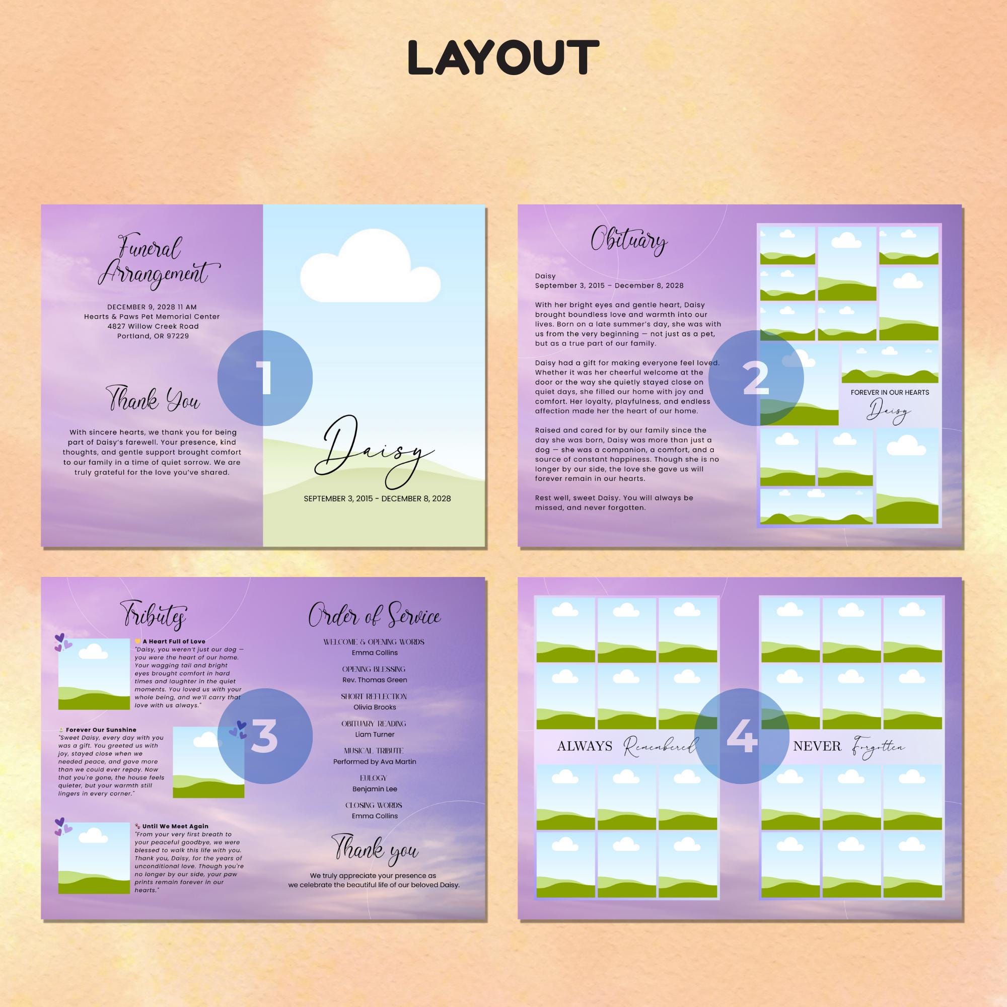 Purple Pet Memorial Funeral Program – Editable Canva Obituary Template ...