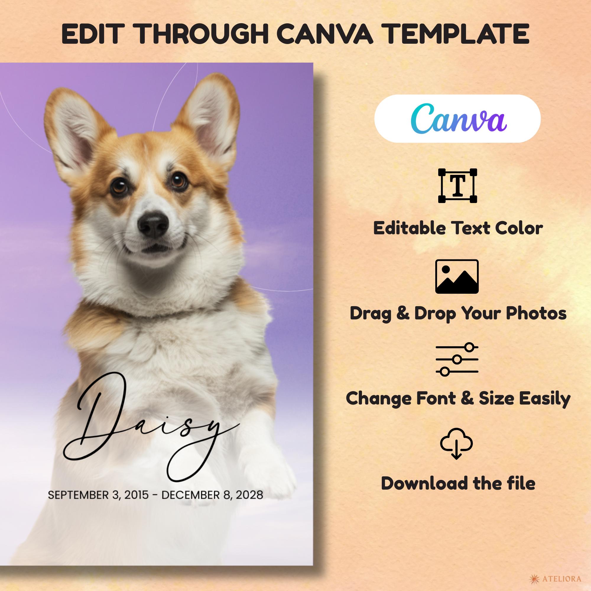 Purple Pet Memorial Funeral Program – Editable Canva Obituary Template ...