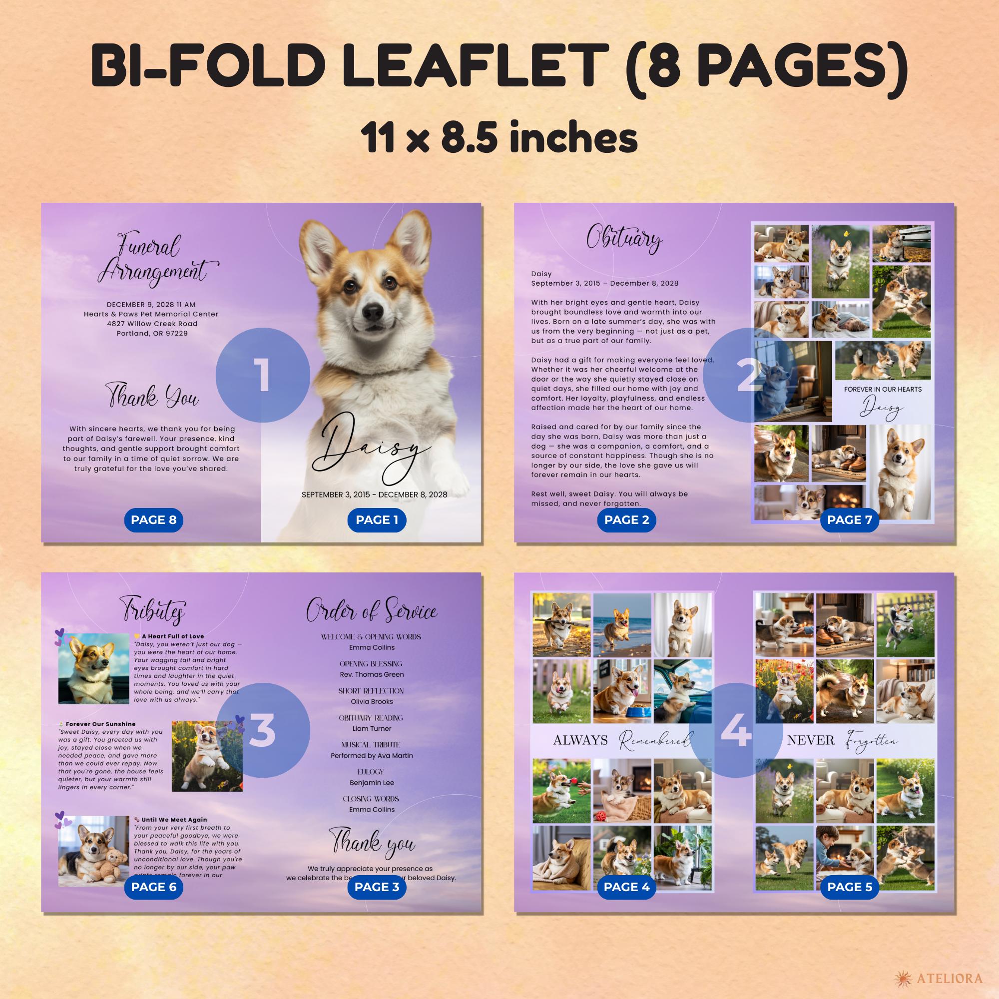 Purple Pet Memorial Funeral Program – Editable Canva Obituary Template ...