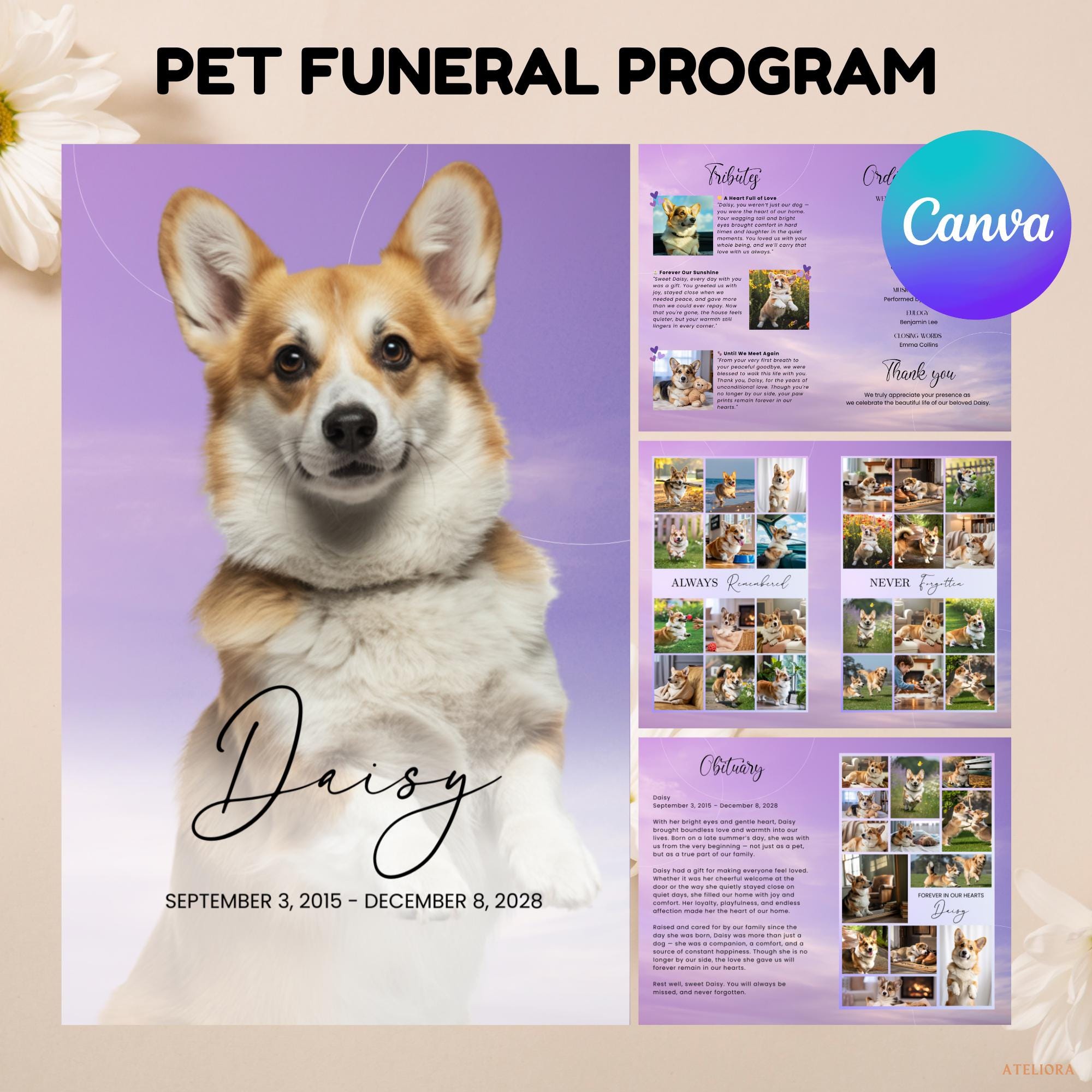 Purple Pet Memorial Funeral Program – Editable Canva Obituary Template ...