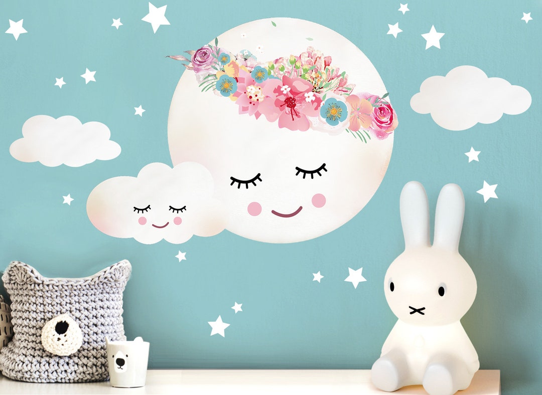 Wall Sticker Children's Room Girl Moon Clouds Stars Flowers Wall ...