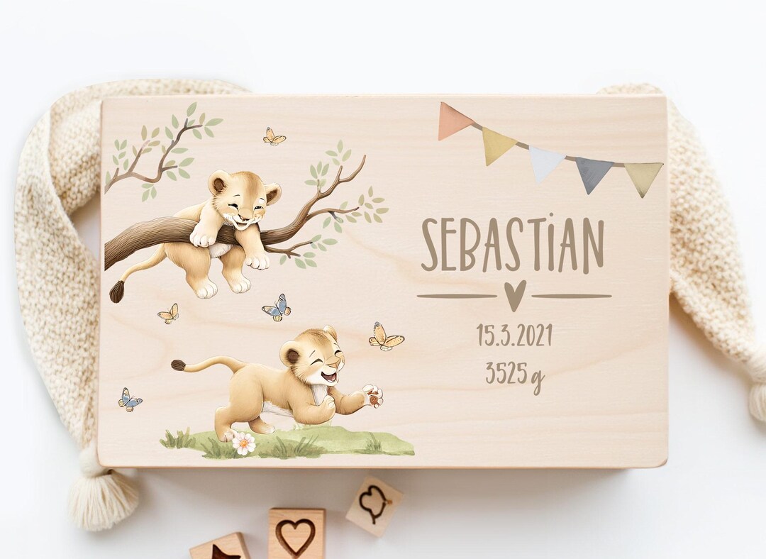 Baby Memory Box, Baby Gift Boy, Personalized Wooden Box With Lions ...
