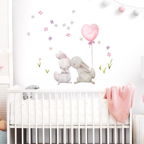 Wall Decal Baby Room Bunny With Balloon Pinkflowers - Etsy