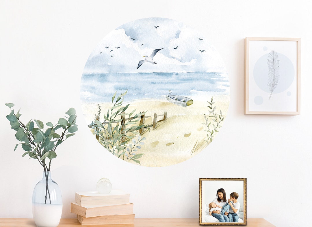 Round Wall Sticker Coast Seagulls & Boat Wall Sticker Sandy Beach ...