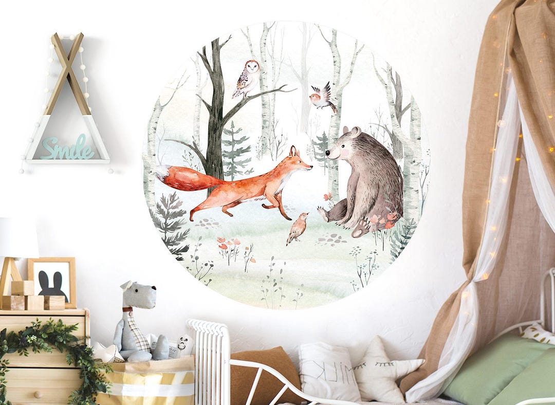 Round Wall Sticker Forest Animals Fox Bear Owl Birds Sticker Children's ...
