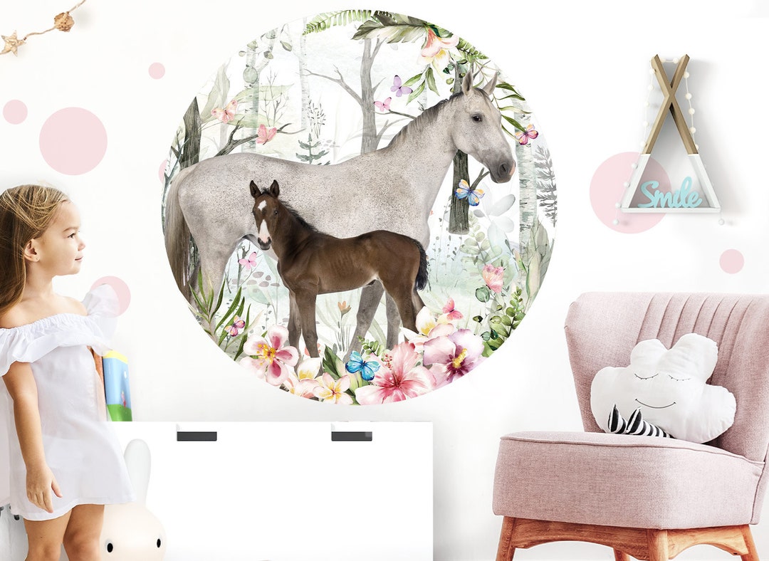 Round Wall Sticker Animals Horse Flowers Children Decoration Wall ...