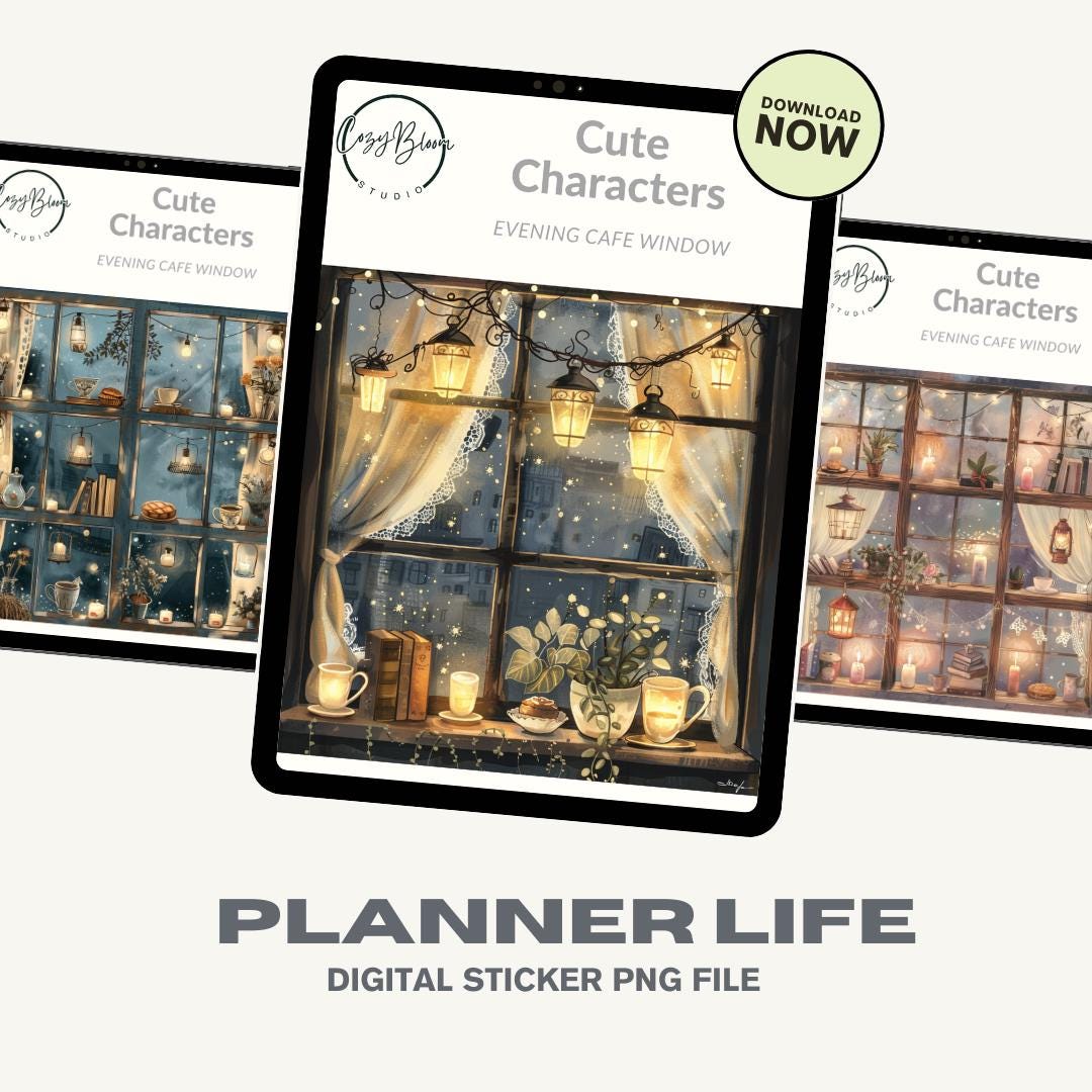 Cozy Evening Cafe Window Stickers – Pastel PNG Planner Graphics - Etsy