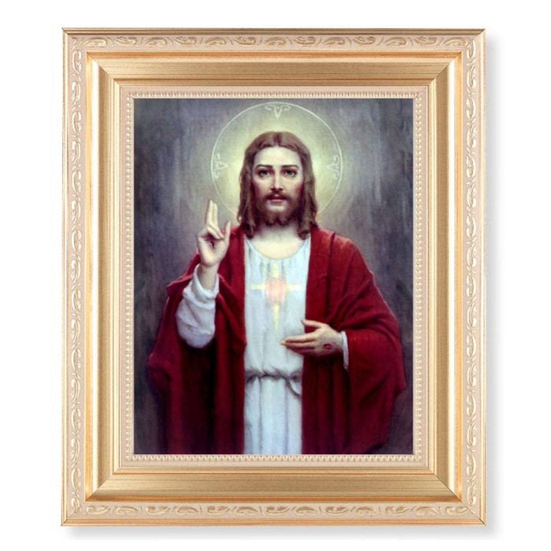 Sacred Heart of Jesus Satin Gold Fluted Frame With Distressed Finish ...