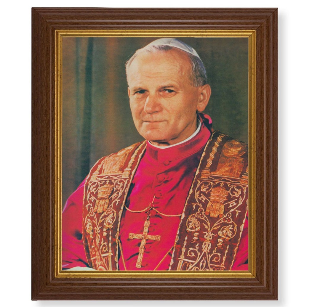 Saint Pope John Paul Ll With Traditional Dark Walnut Fluted Frame With ...