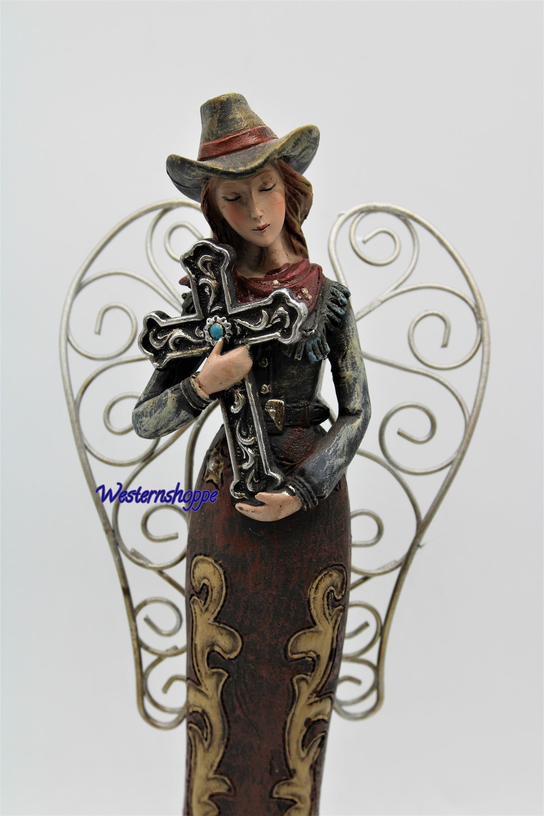 Western Cowgirl Angel Statue Holding Cross Beautiful Hand - Etsy