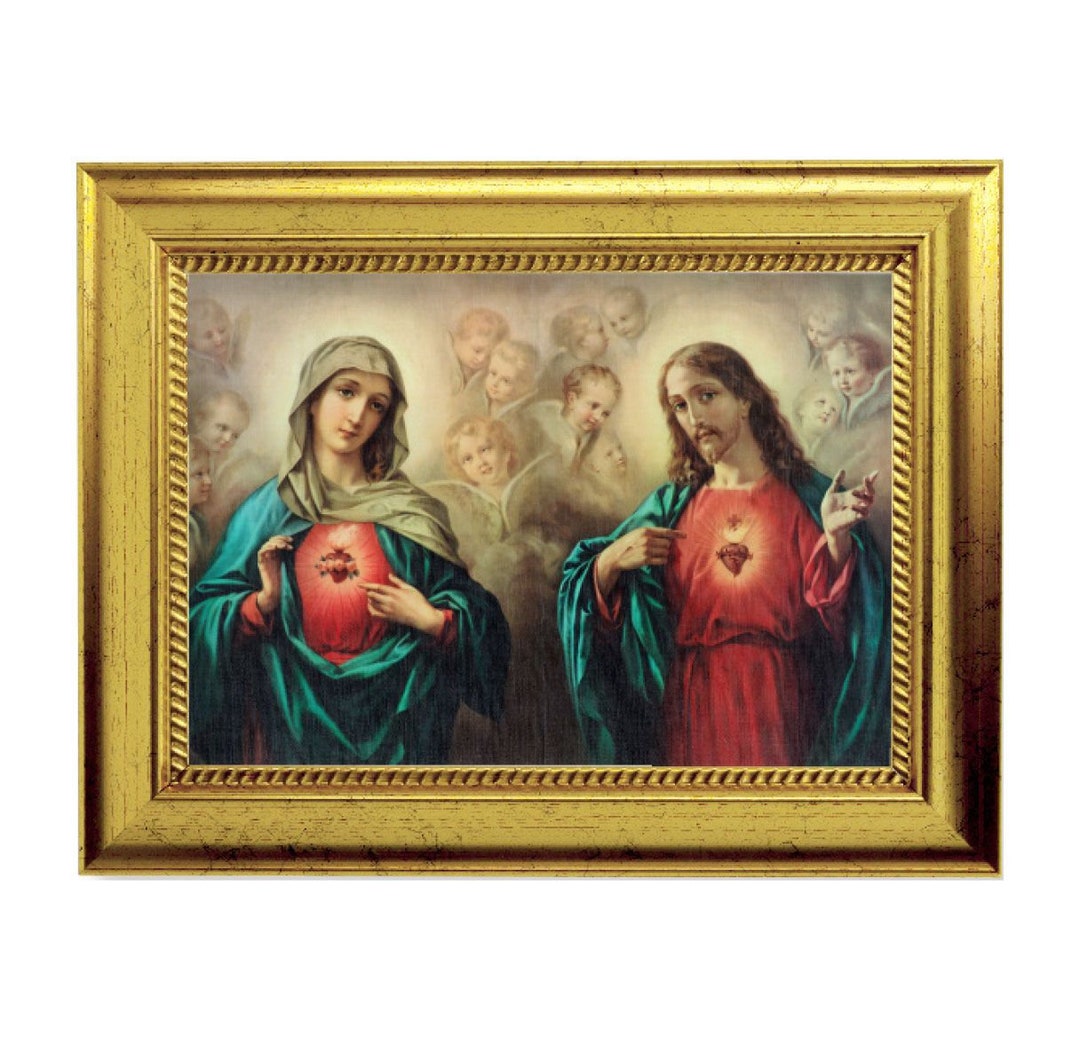 Catholic Art Angelic Sacred Hearts 5 X 7 Gold-leaf Frame With Rope ...