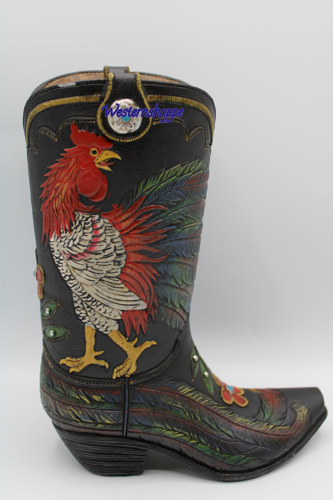 Western Rooster Cowboy Boot Vase Rooster With Tooled Design - Etsy