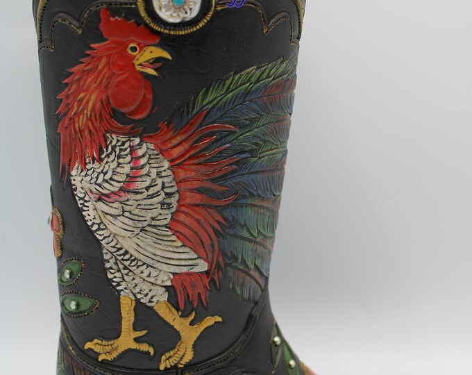 Western Rooster Cowboy Boot Vase Rooster With Tooled Design | Etsy
