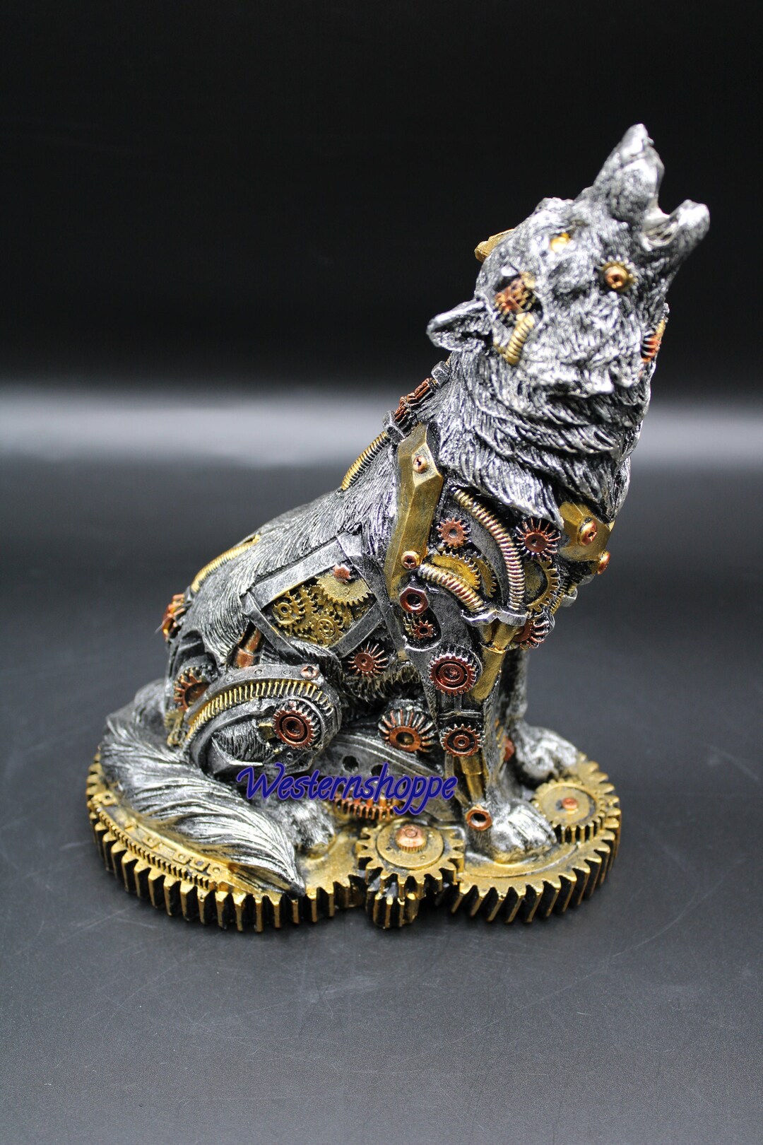 Steampunk Howling Wolf Robotic Alpha Wolf Statue on Sculpted Clockwork ...