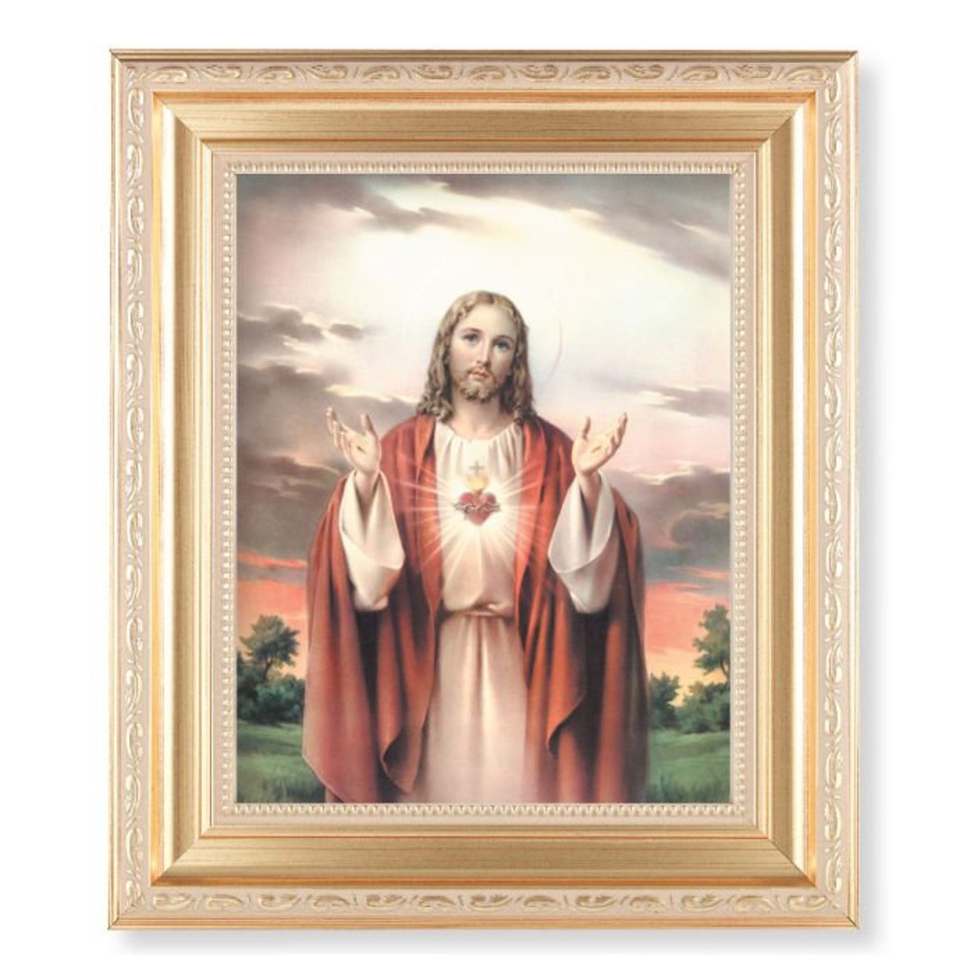 Sacred Heart of Jesus Satin Gold Fluted Frame With Distressed Finish ...
