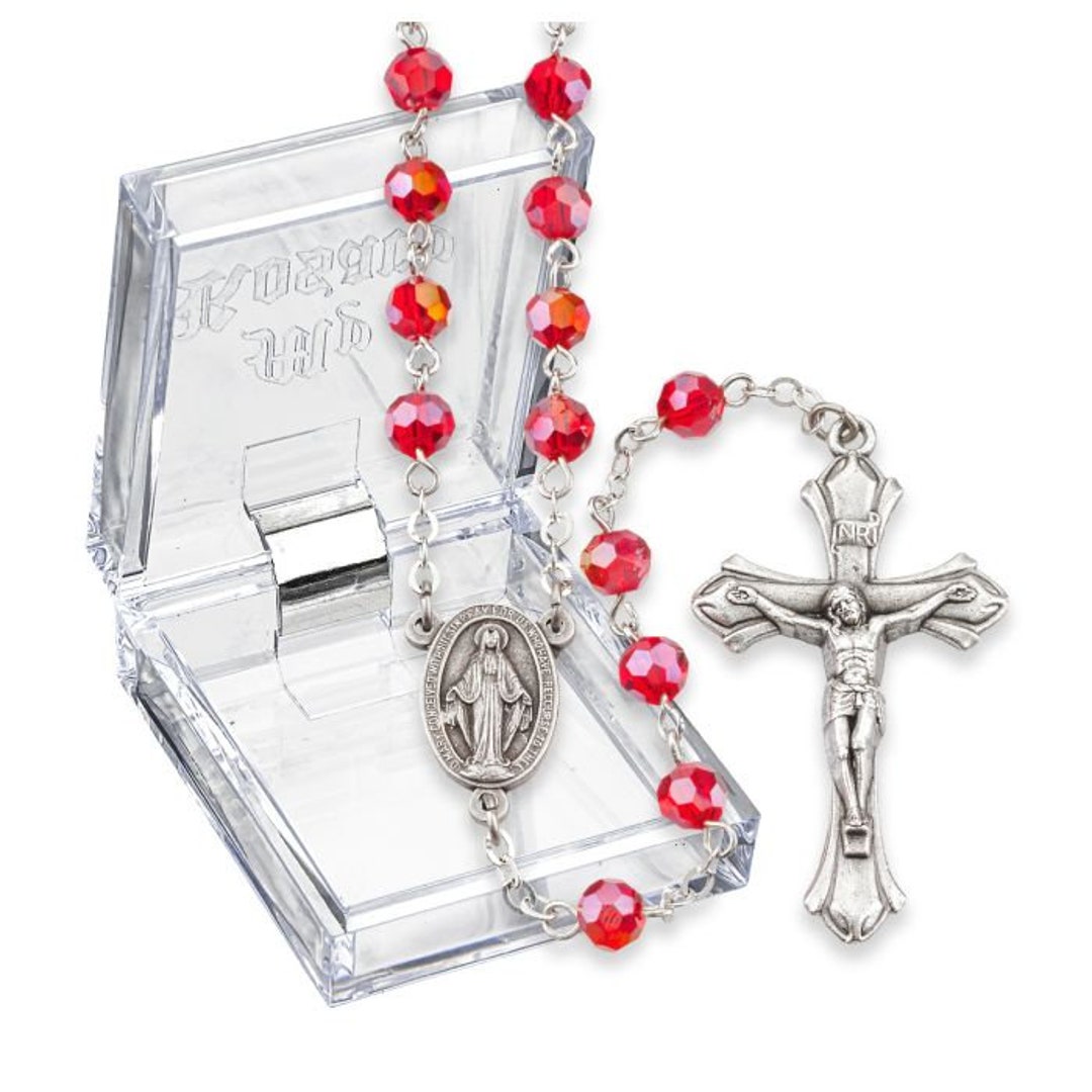 Birthstone Rosary 6mm Aurora Borealis Ruby Crystal Tin Cut July Birthstone Rosary Catholic Gifts ...