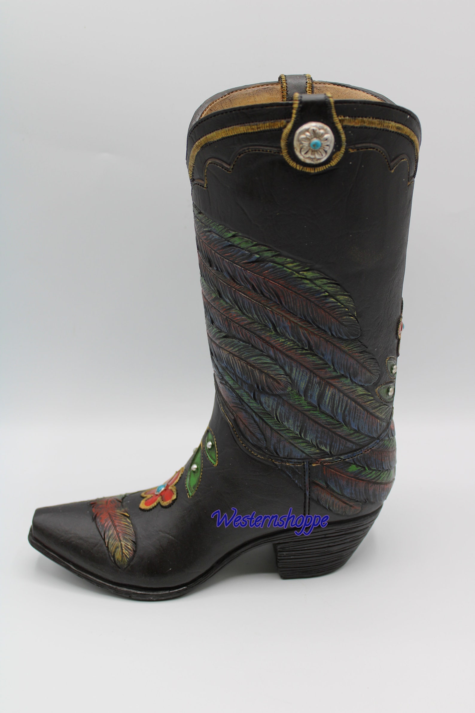 Western Rooster Cowboy Boot Vase Rooster with Tooled Design | Etsy