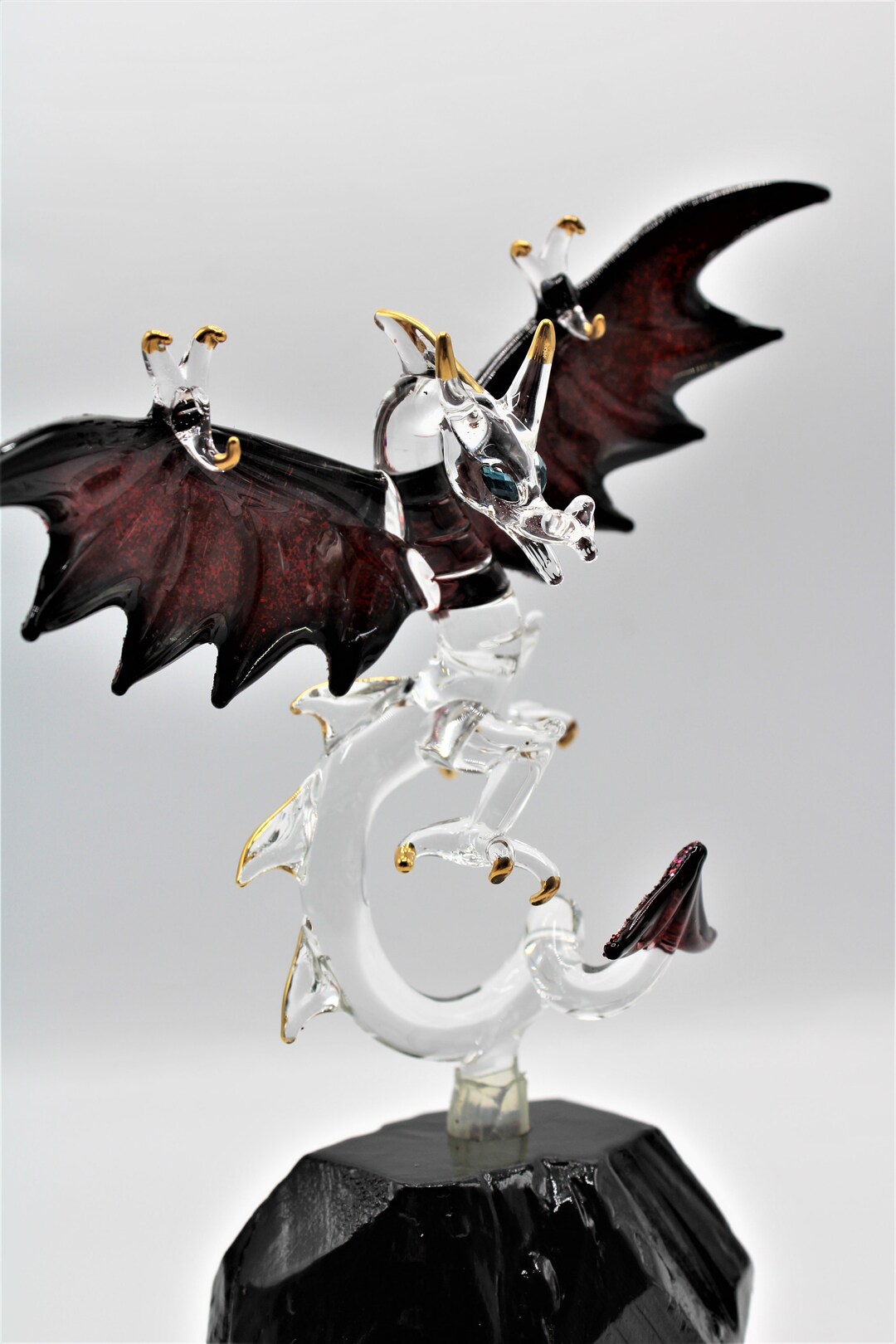 Dragon Figure Glass Hand Blown Spun Glass Lampworked on Wood Base Large ...