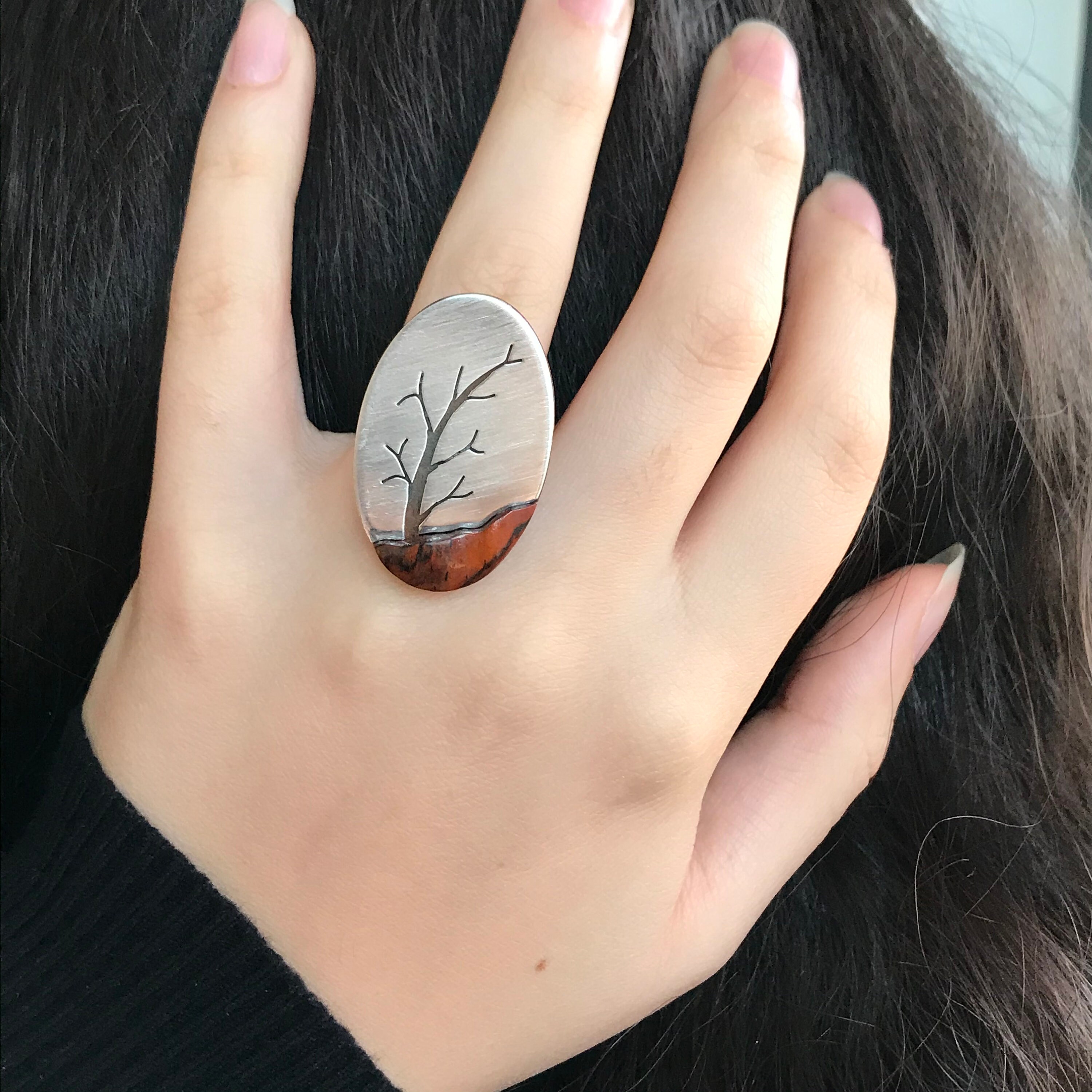 Oval Tree Ring Nature Jewelry Wood Silver Ring Nature Lover - Etsy