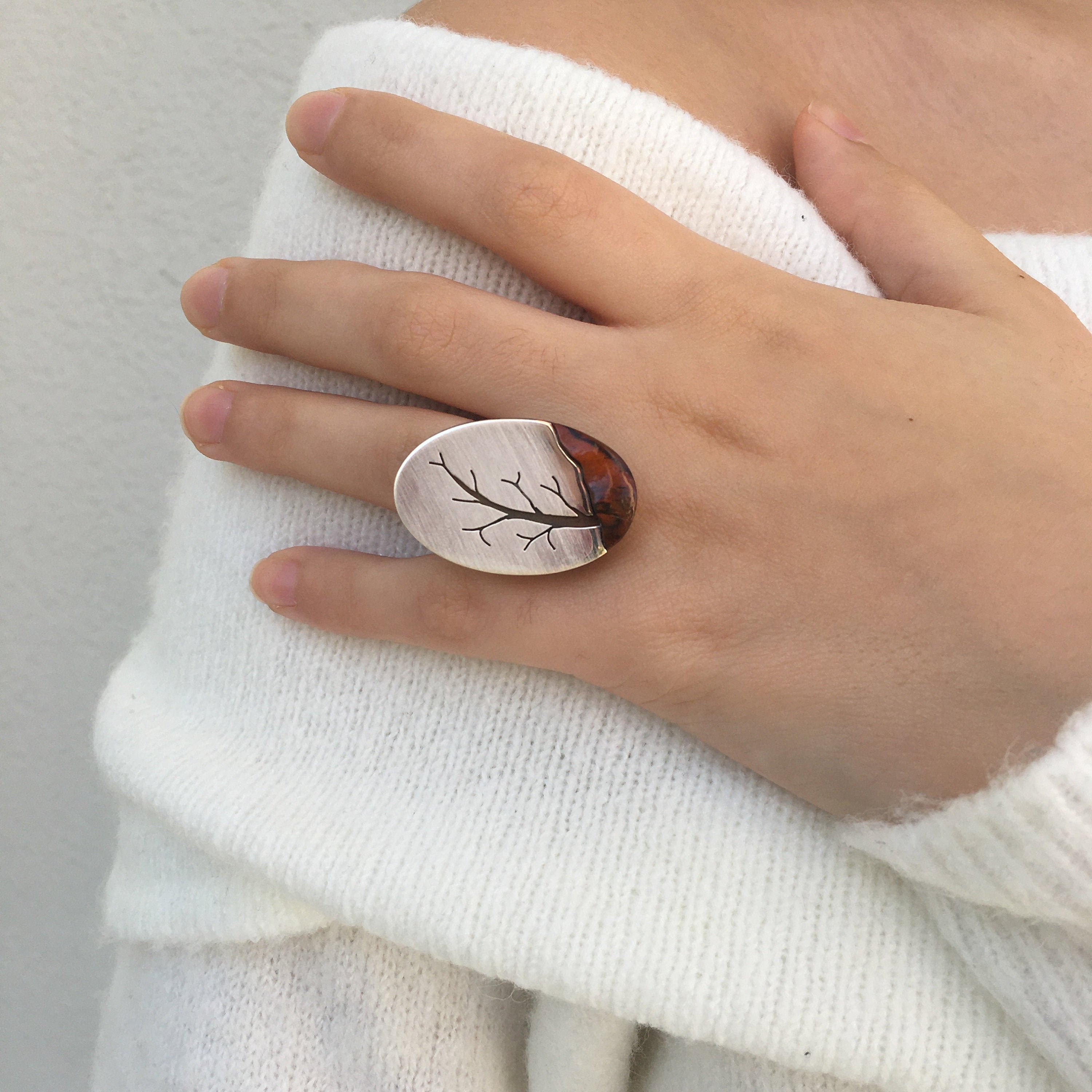 Oval Tree Ring, Nature Jewelry, Wood Silver Ring, Nature Lover Gift ...