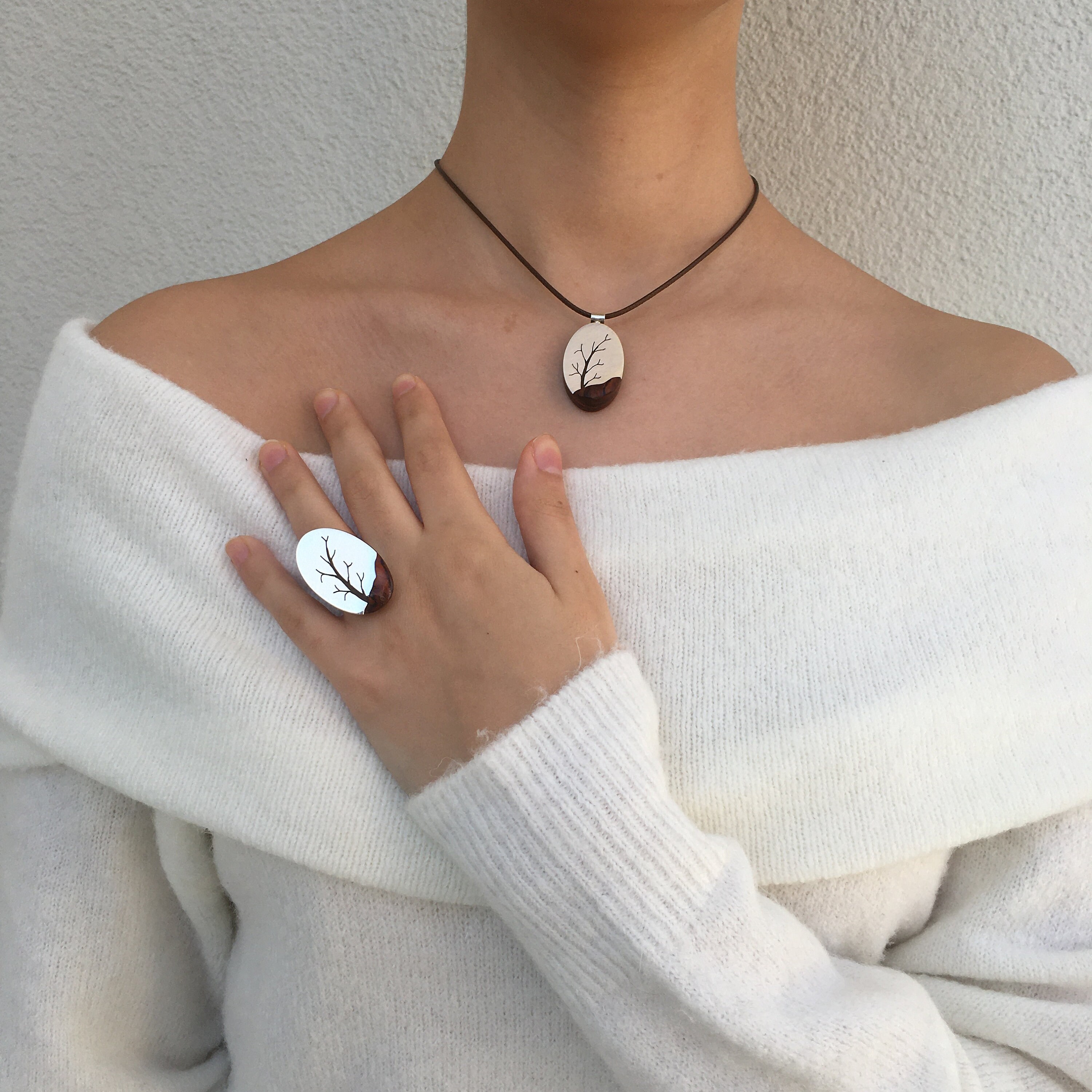 Tree Jewelry Set Wood Silver Pendant Ring Forest Jewelry - Etsy